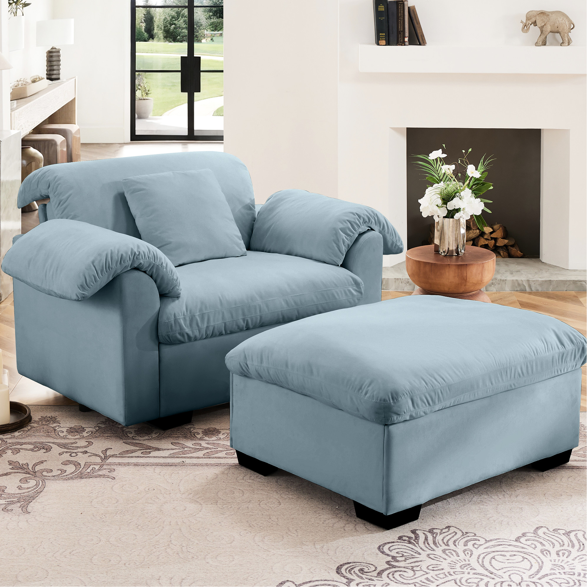 Blue Velvet Single Seat With Storage And High Comfort Armrest Pillows ...