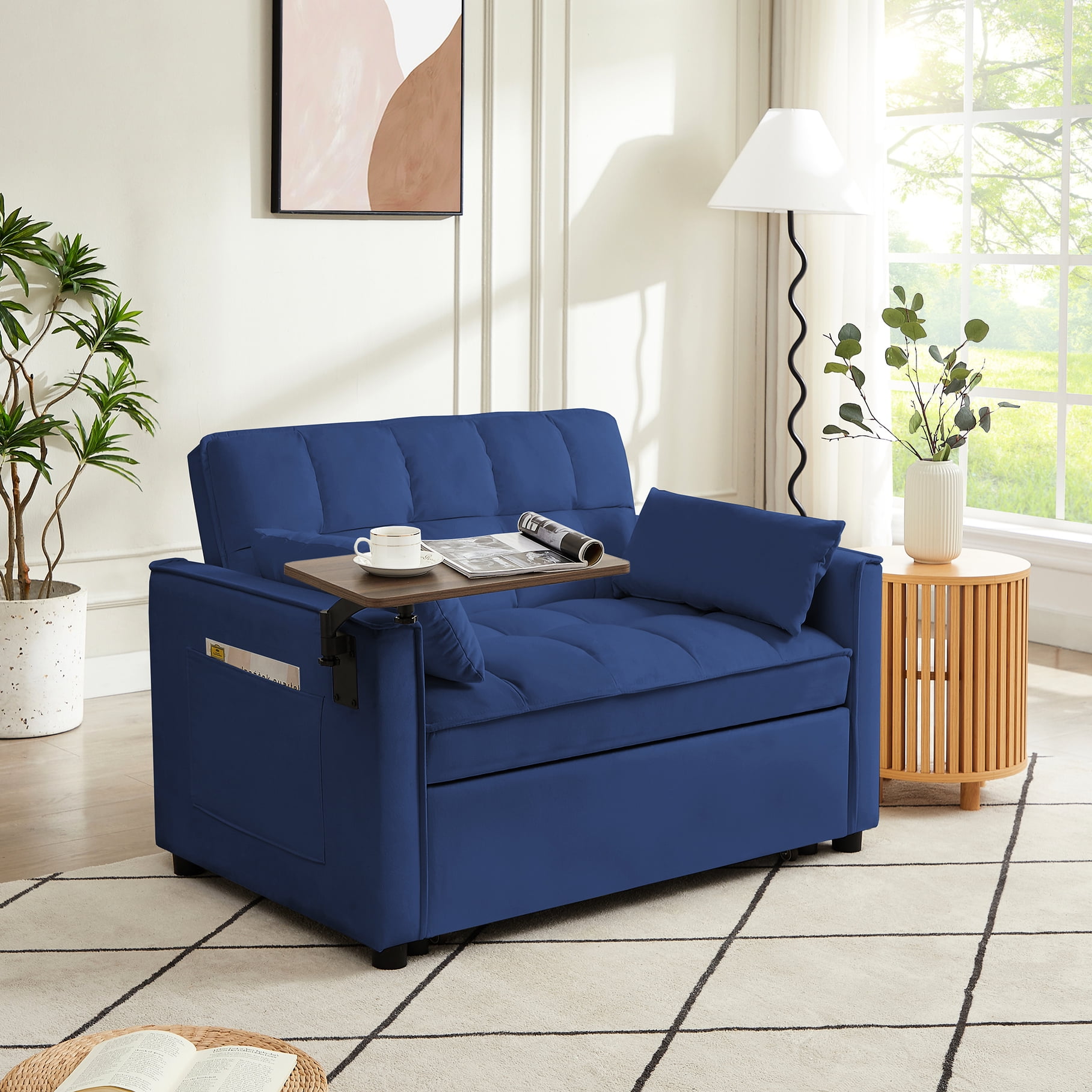 Blue Velvet Sleeper Bed With Side Table - Modern Design, Adjustable ...