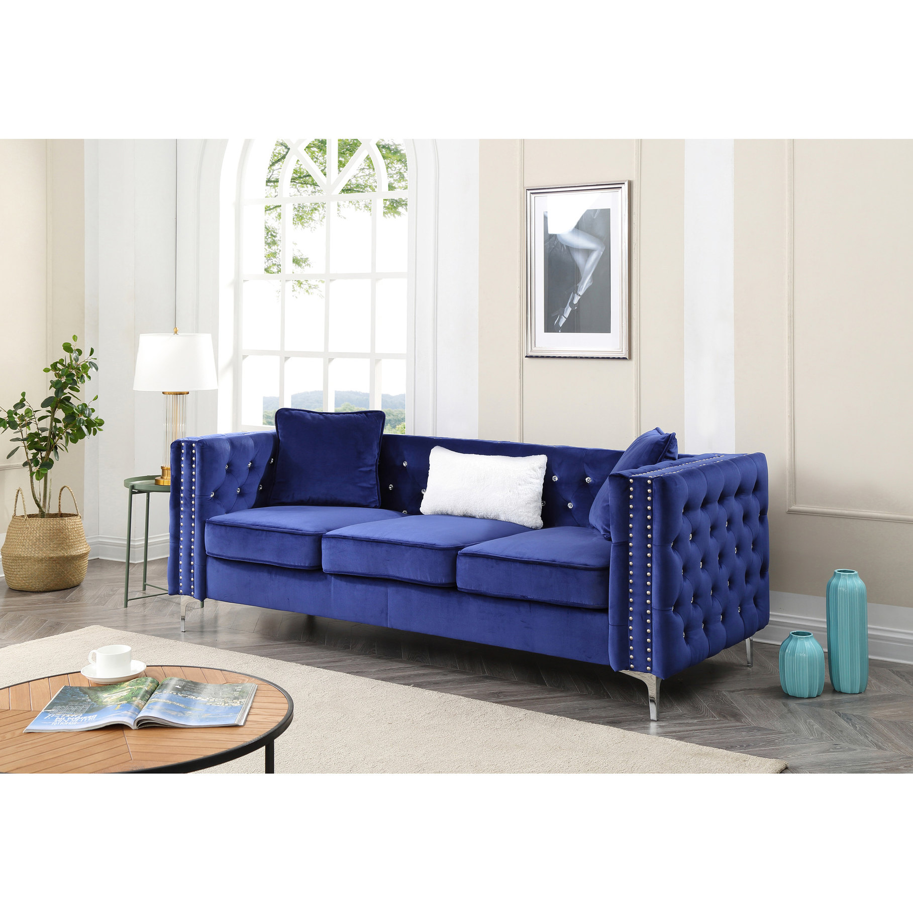 Blue Velvet Sofa with Tufted Faux Diamond Buttons and Glam Look - Ideal ...