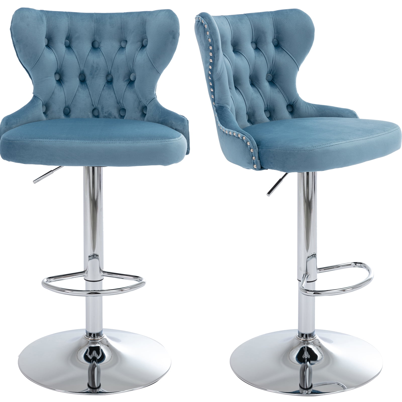 Blue Velvet Swivel Bar Stools Set of 2, 25-33 Inch Height Adjustable ...