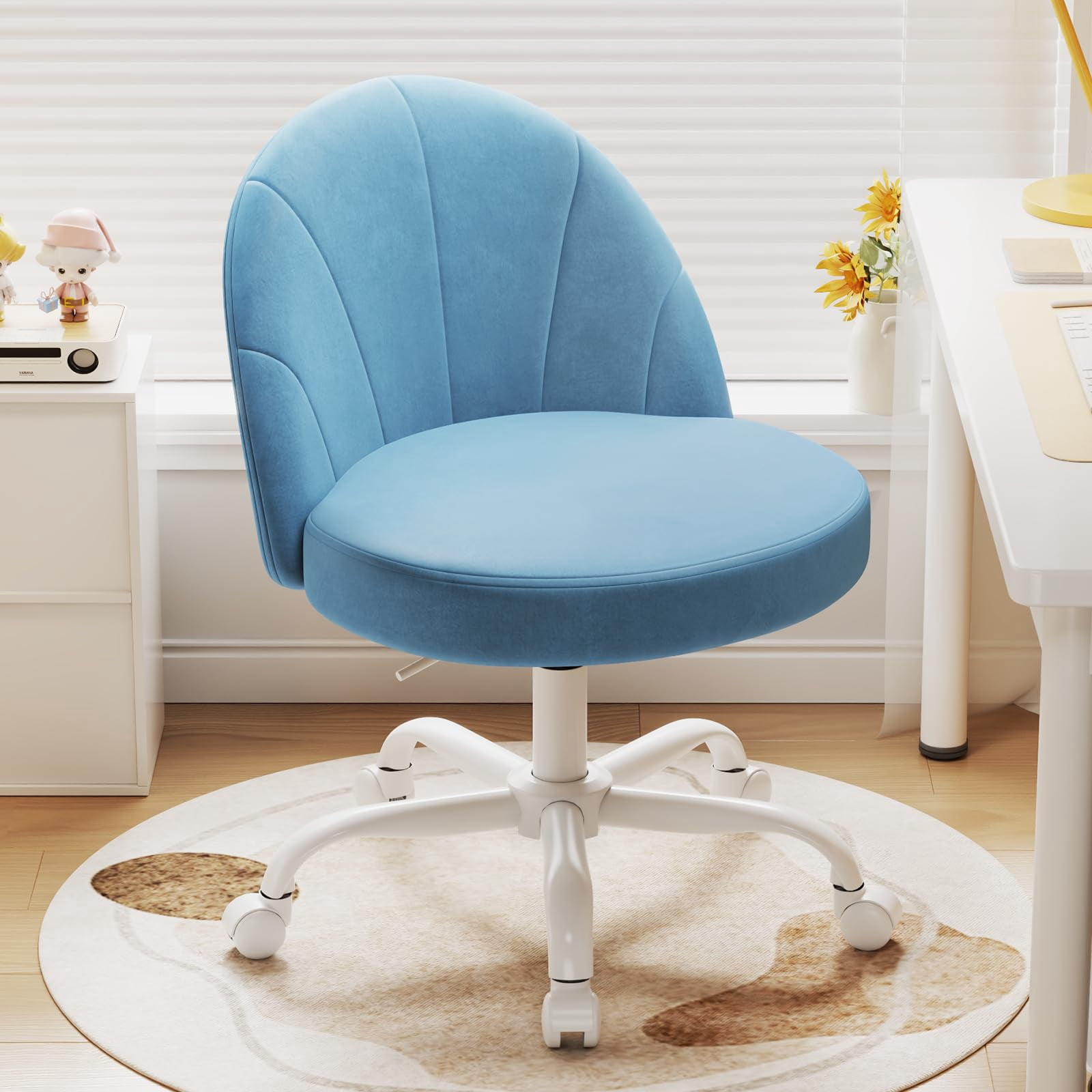 Blue Velvet Swivel Desk Chair With Wheels, Height Adjustable Armless ...