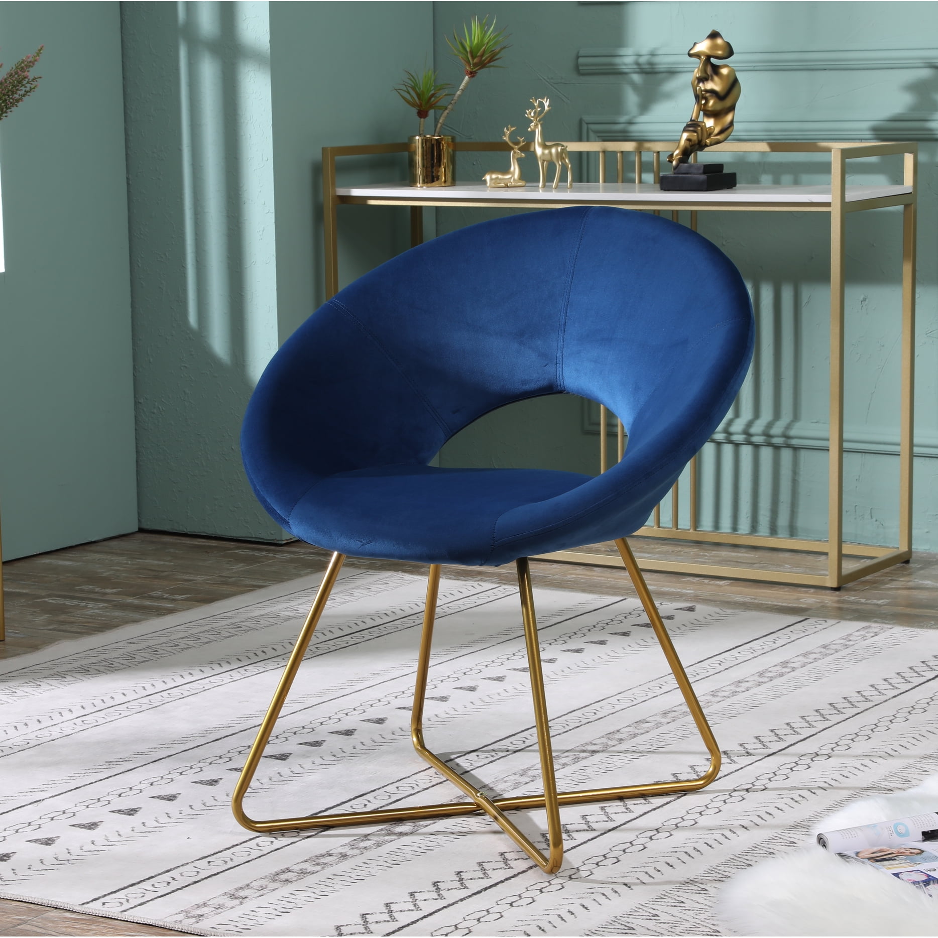 Blue Velvet Upholstered Chair With A Gold Tone Sled Platform Silky ...
