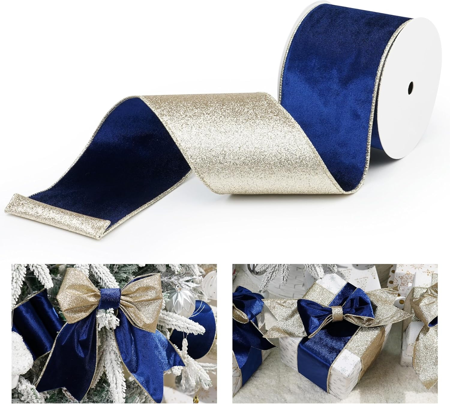 Blue Velvet Wired Ribbon with Glitter Back 4 Inch Navy Blue and Gold ...