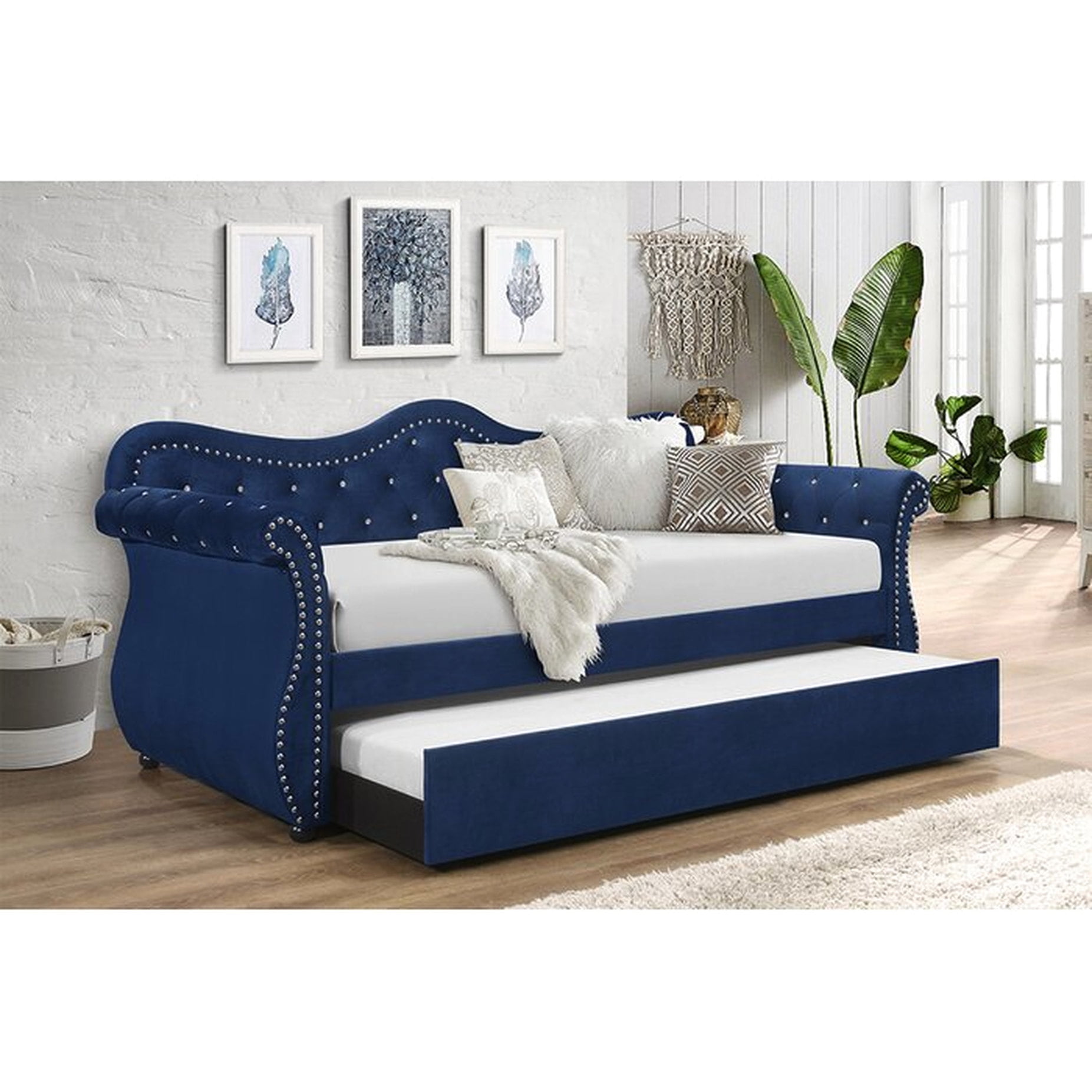 Blue Velvet Wood Daybed with Trundle | Used in Main Living Areas ...