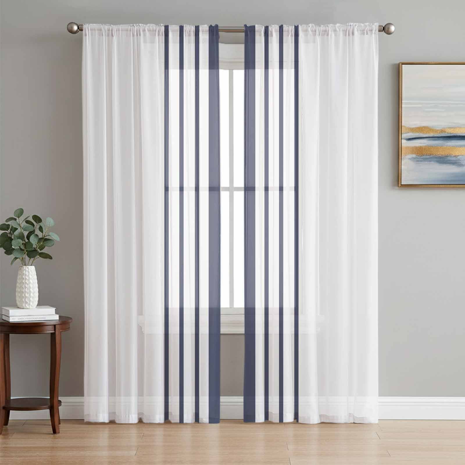 Blue Vertical Striped Sheer Curtains 72 Inch Length 2 Panels Set, White ...