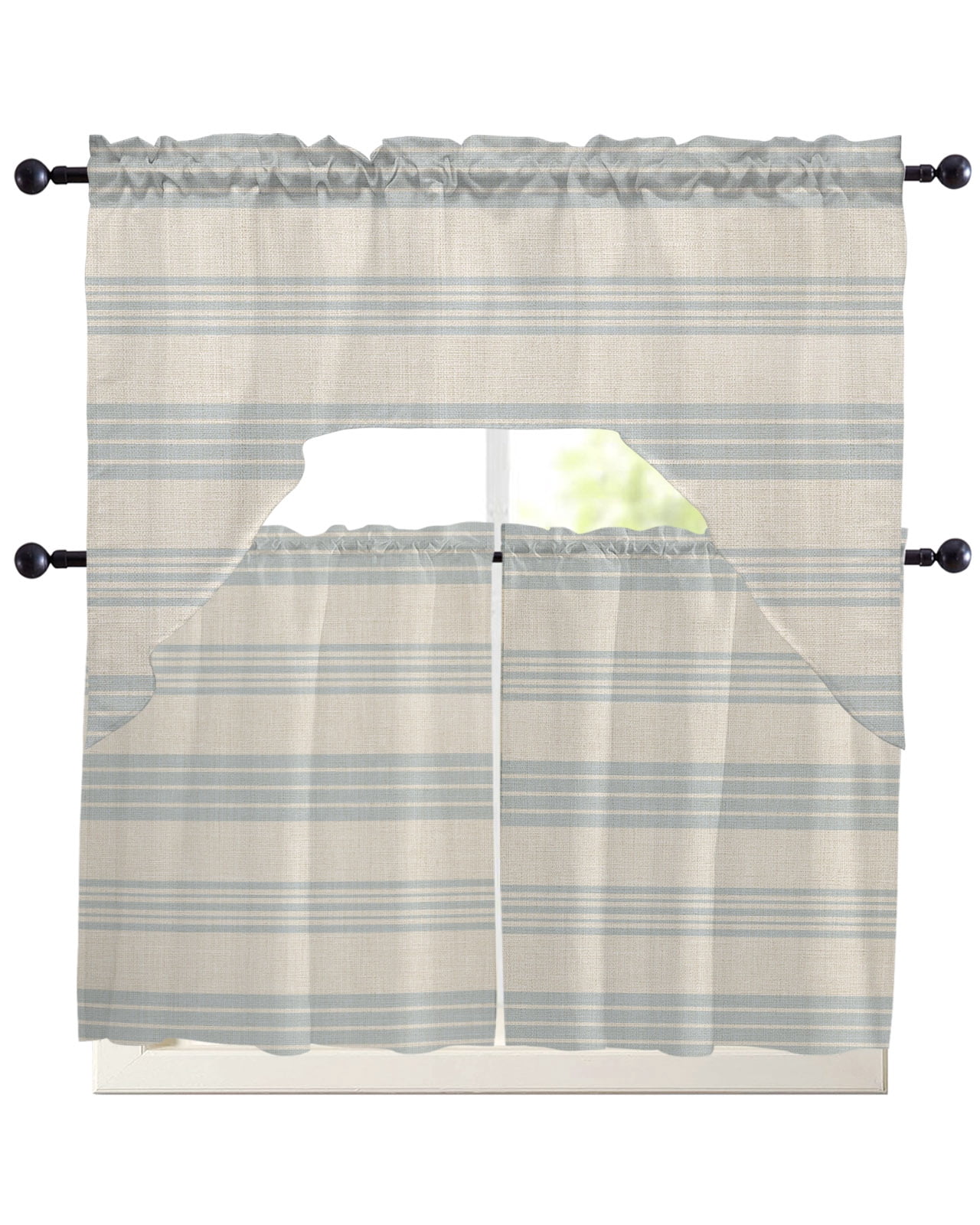 Blue Vertical Stripes Kitchen Curtains Sets for Windows 3 Piece, Modern ...