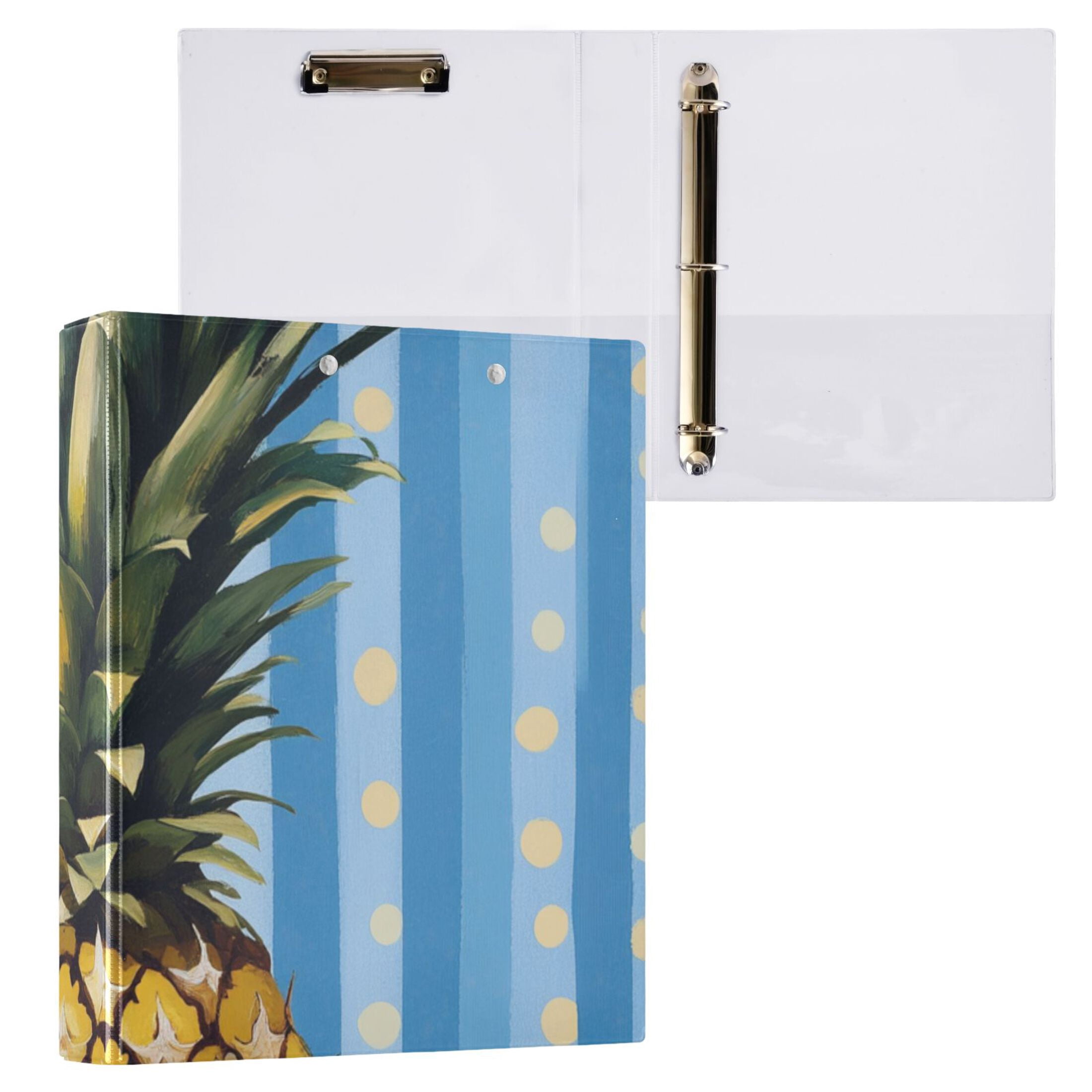 Blue Vertical Stripes Yellow Dots Pineapple Round Ring Binder 3 Rings 1 ...