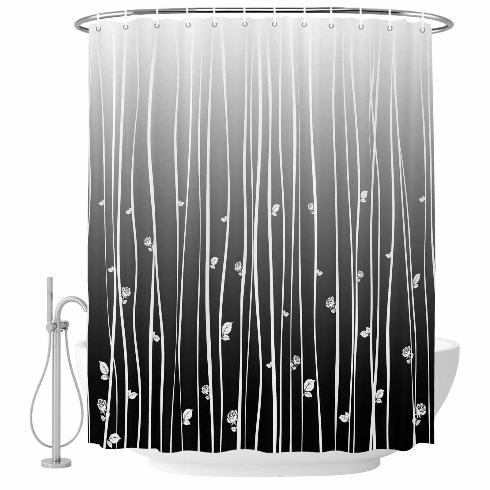 Blue Vertical Wave Lines Bathroom Shower Curtains with Hooks, Flower ...