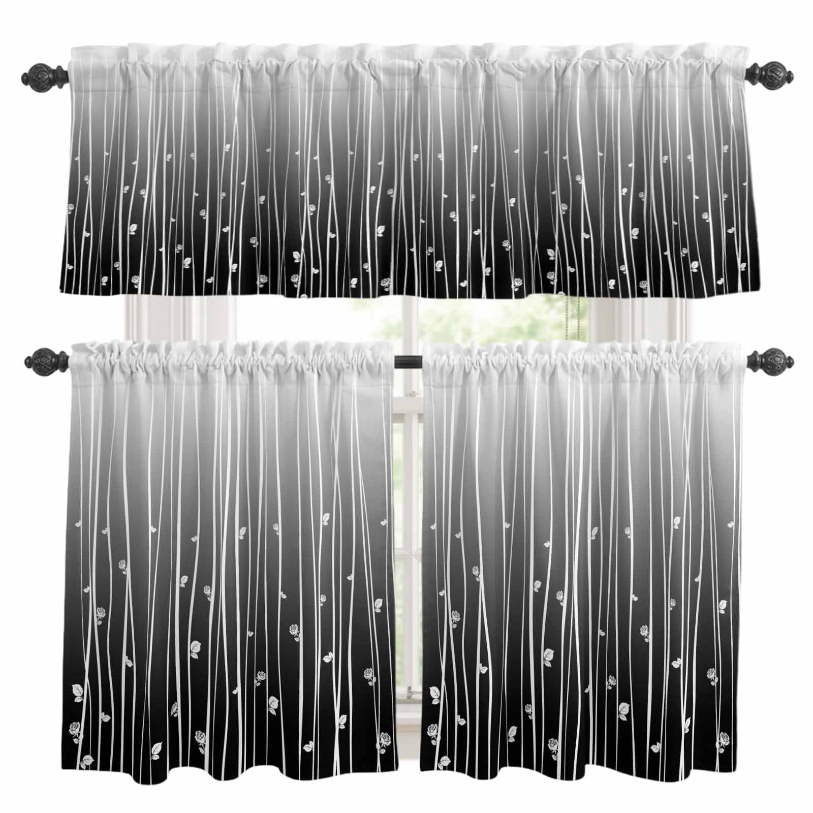 Blue Vertical Wave Lines Kitchen Curtains Valance and Tier Set Flower ...