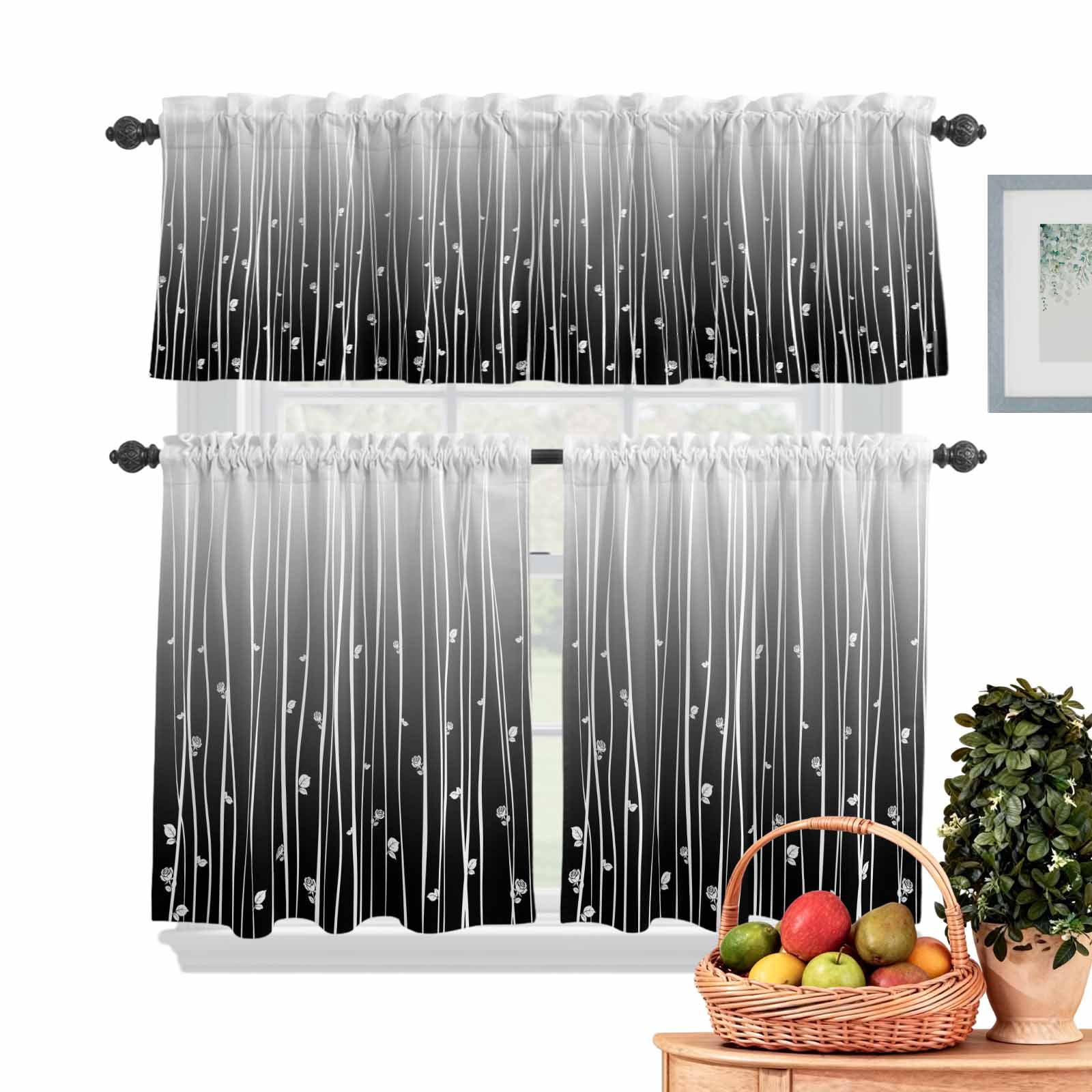 Blue Vertical Wave Lines Kitchen Curtains Valances 3 Piece Set, Flower ...