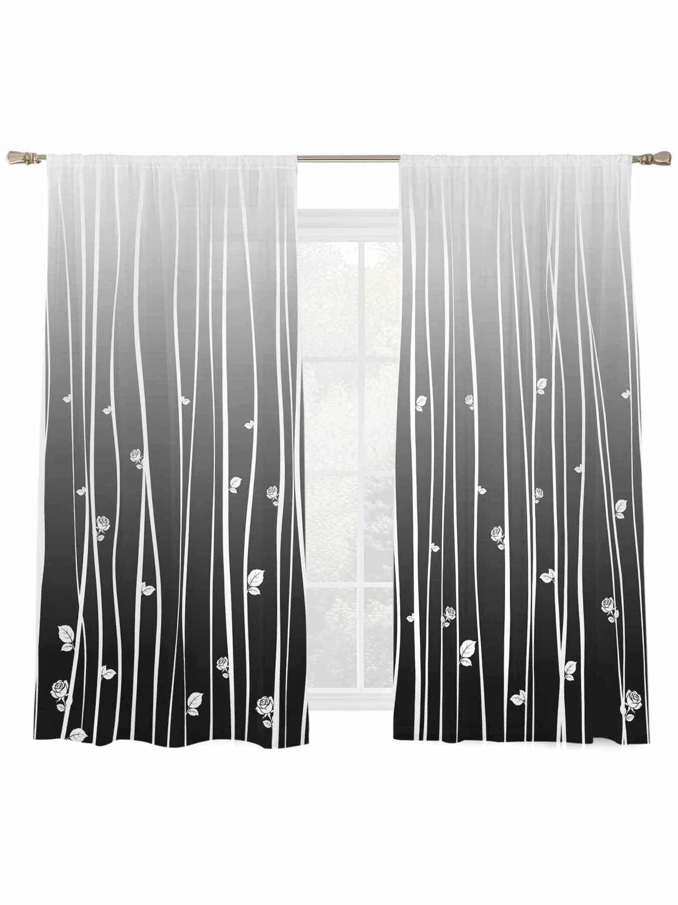 Blue Vertical Wave Lines Sheer Curtains 2 Panels Set Flower Gradient ...