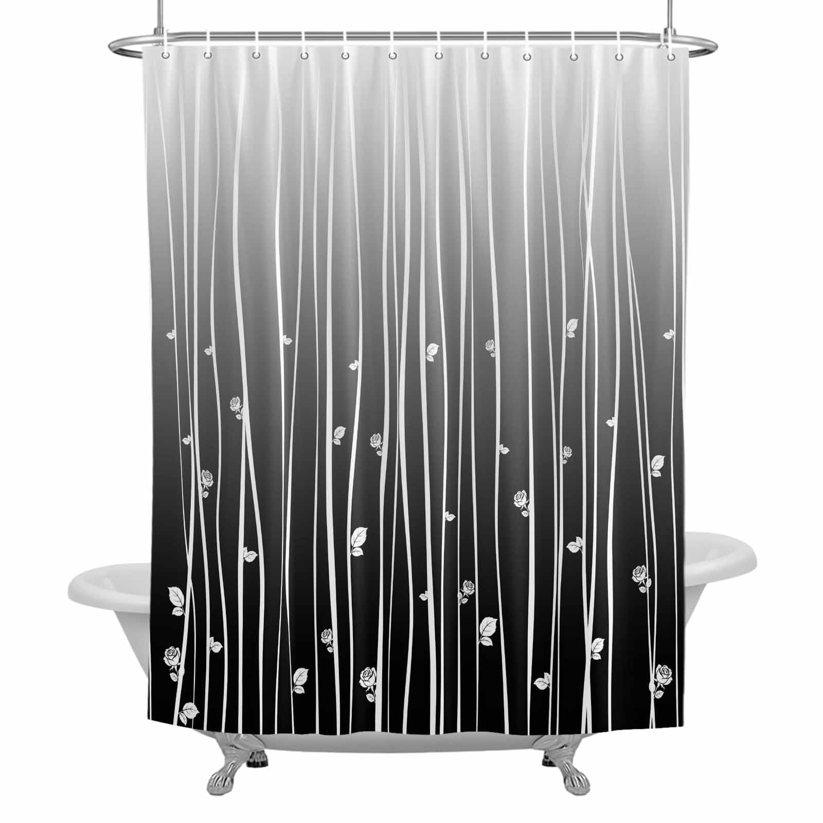 Blue Vertical Wave Lines Shower Curtain for Bathroom, Flower Gradient ...
