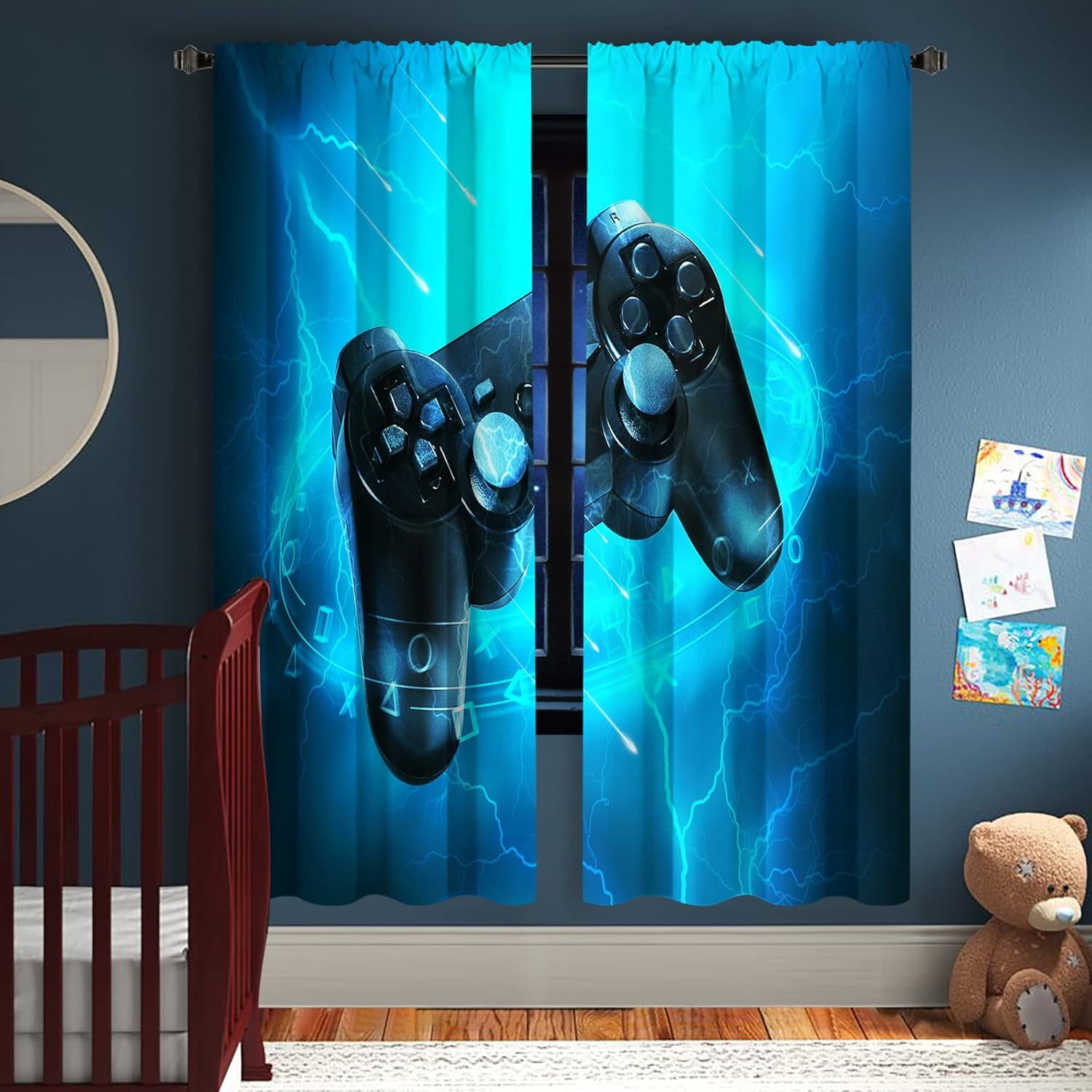 Blue Video Game Curtains 2 Panels 42W x 63H Rod Pocket Cool Teen Boys ...