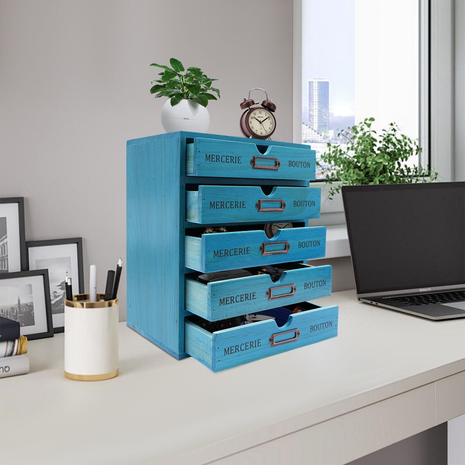 5-Tier Blue Vintage Drawer Cabinet Desk Organizer Box Office Desktop ...