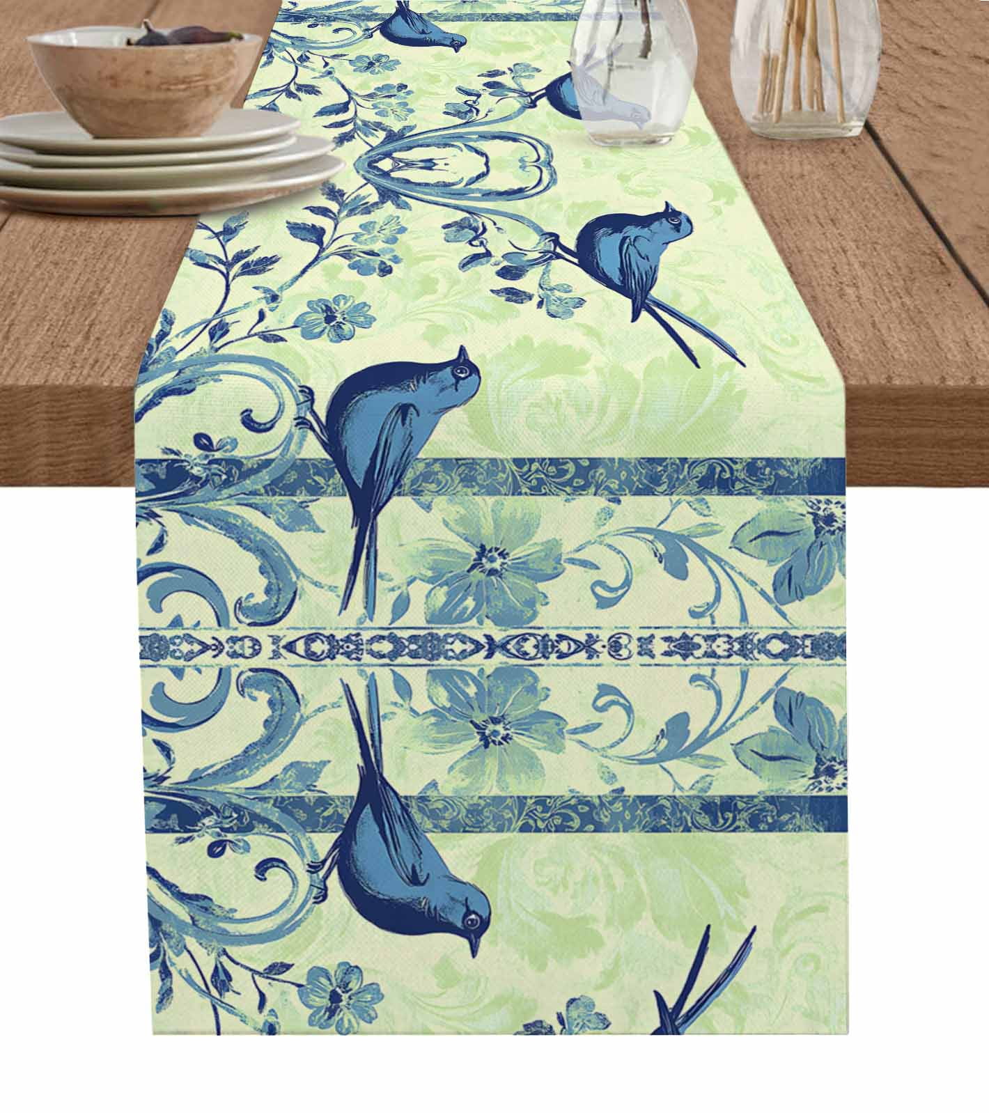 Blue Vintage Bird Burlap Cotton Table Runner 13x60 Inches Long, Retro ...