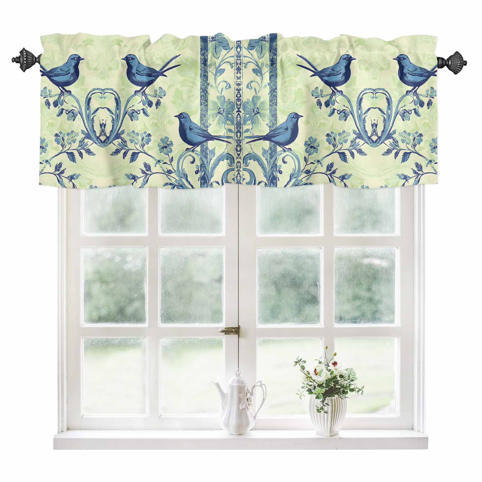 Blue Vintage Bird Kitchen Valances for Windows 42x12 Inch Kitchen ...