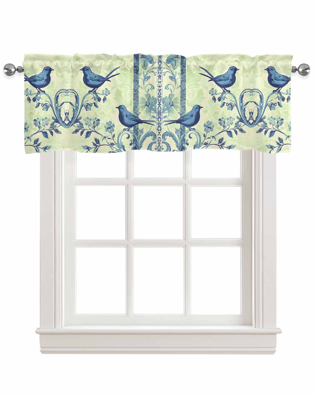 Blue Vintage Bird Kitchen Valances for Windows Farmhouse Linen Window ...