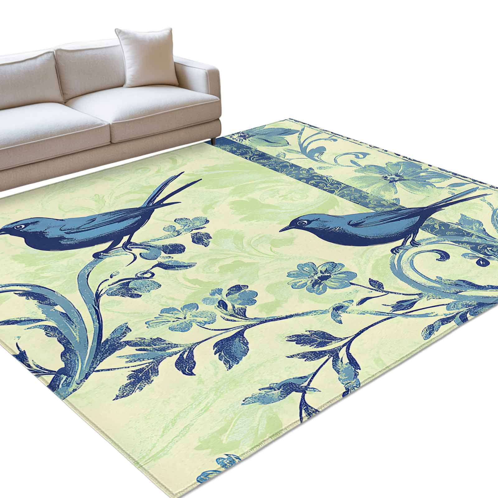 Blue Vintage Bird Washable Rug 5x7 Area Rug for Living Room Bedroom Non ...
