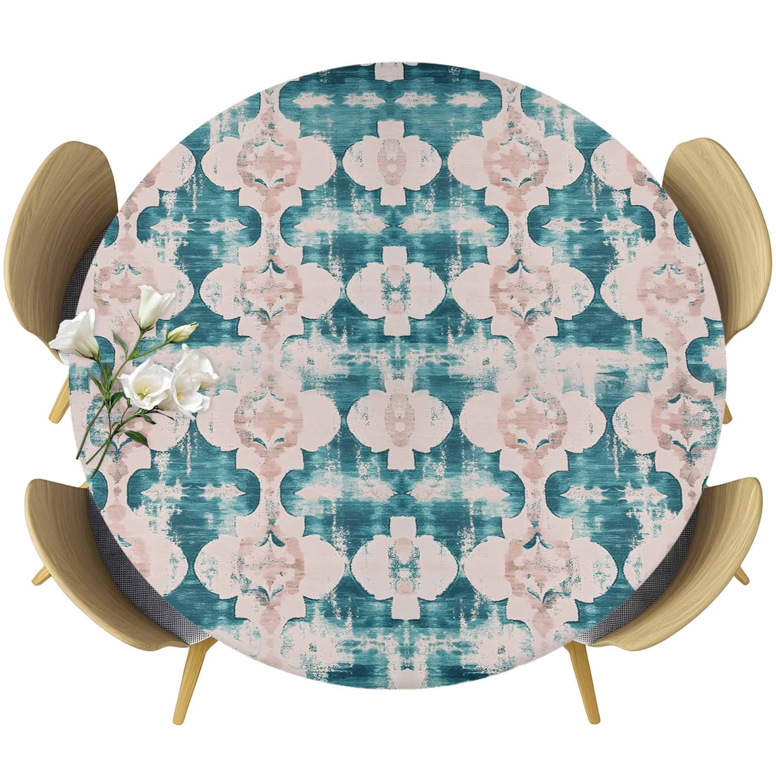 Blue Vintage Bohemia Style Round Fitted Tablecloth with Elastic Edge ...
