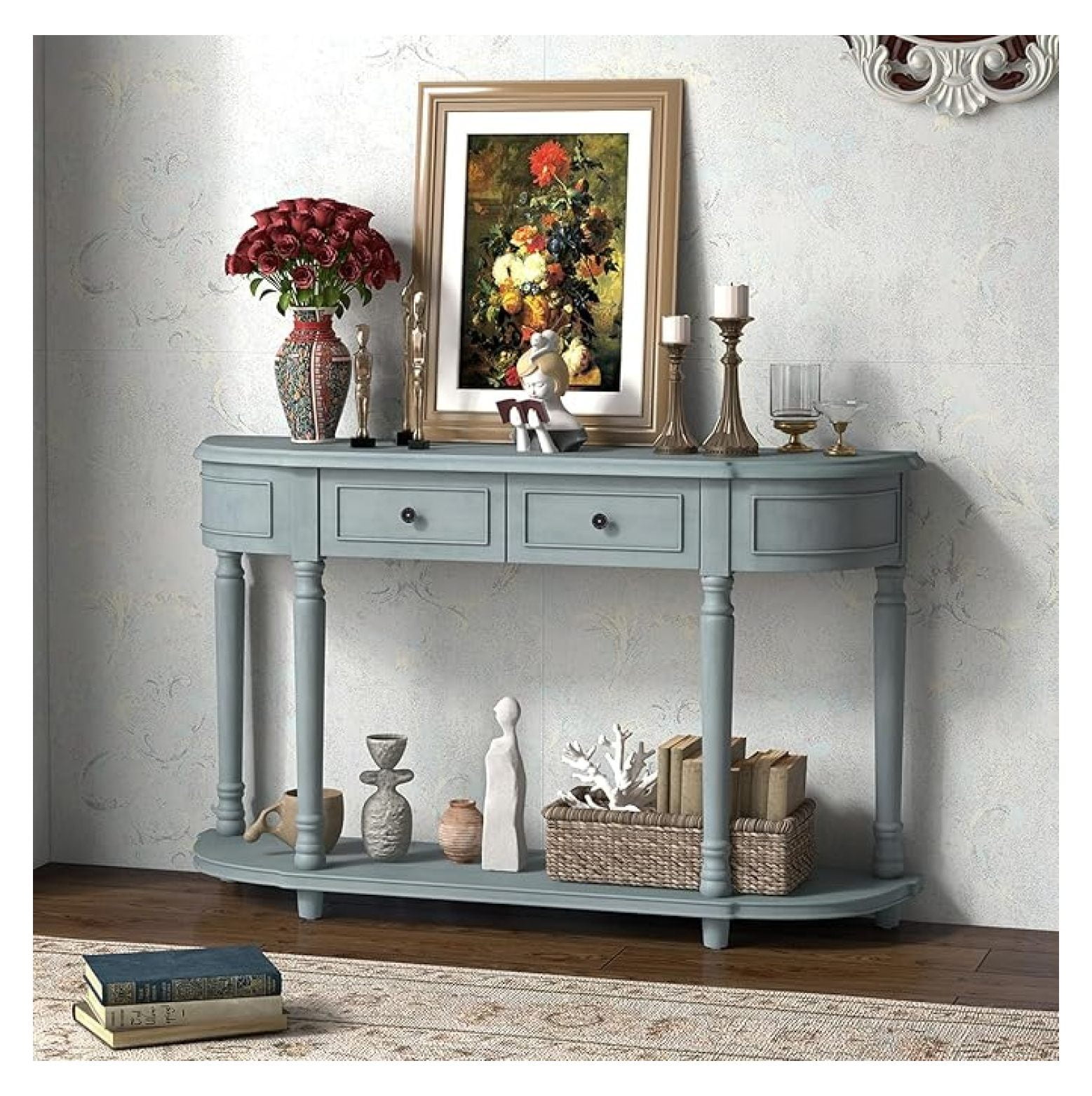 Blue Vintage Console Table with Storage, Entryway Sofa Table with ...