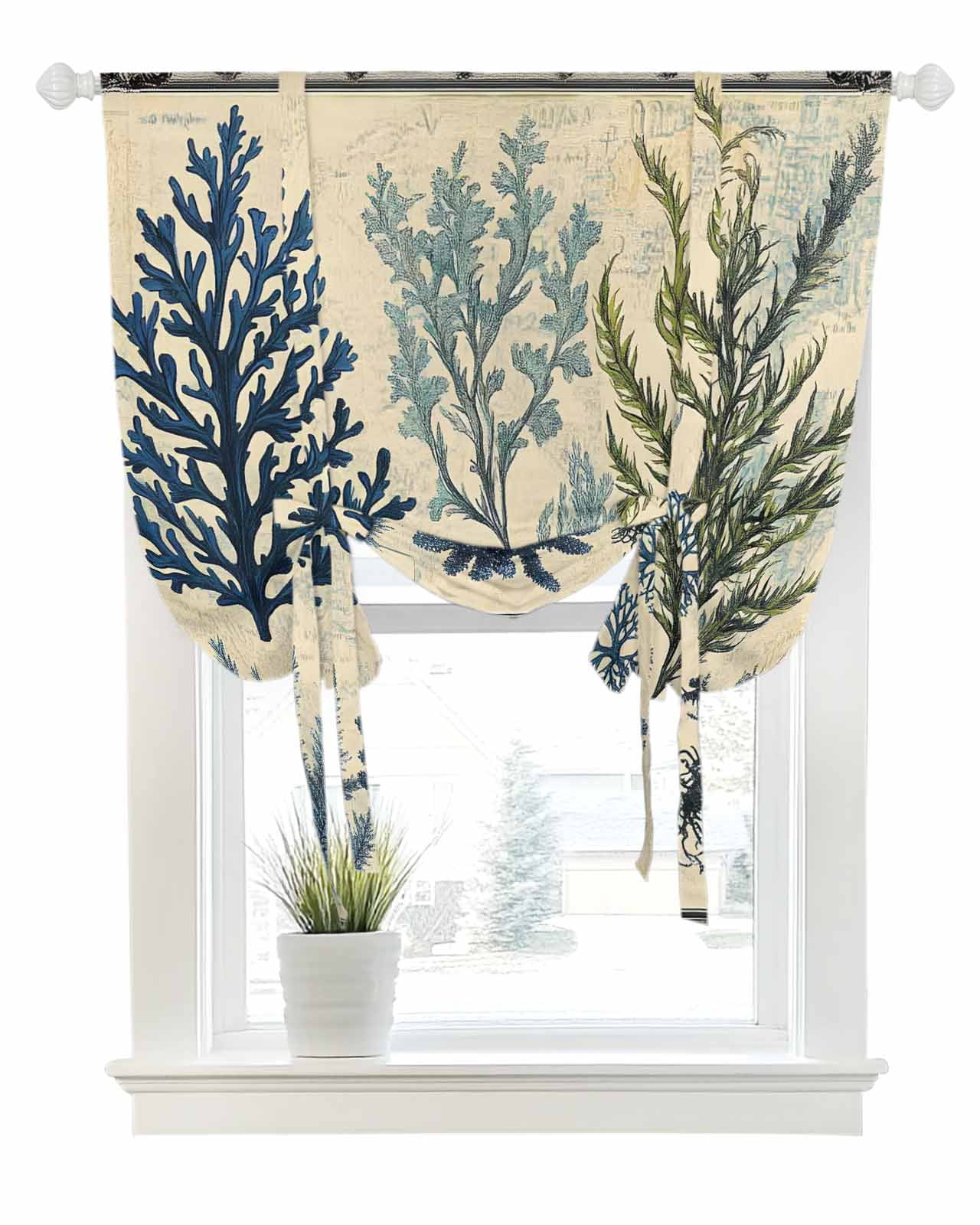 Blue Vintage Coral Tie Up Curtains for Window, Thermal Insulted Balloon ...