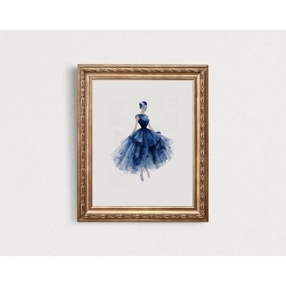 Blue Vintage Fashion Coquette Dress Sketch Art, Unframed Canvas ...