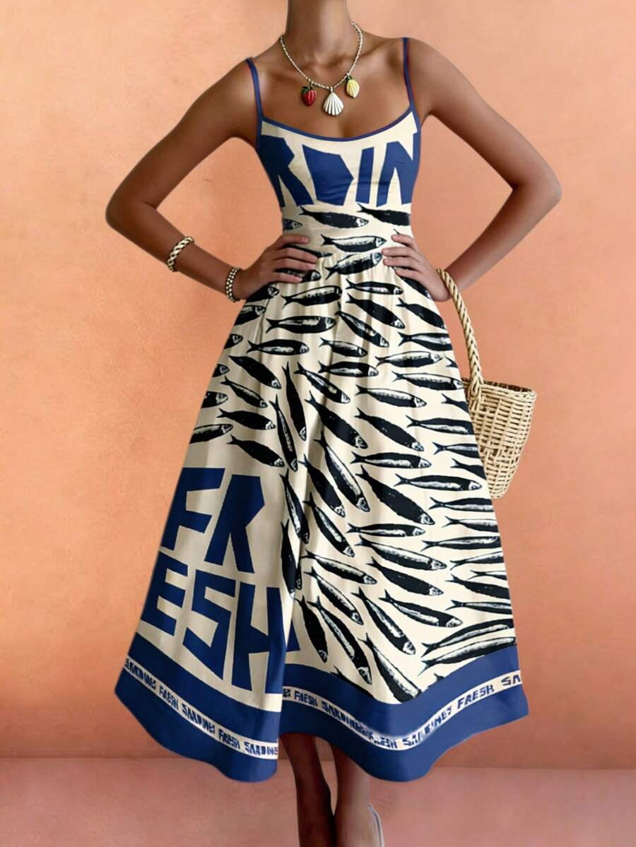 Blue Vintage Fish Print Backless A-Line Maxi Dress, Casual Vacation ...