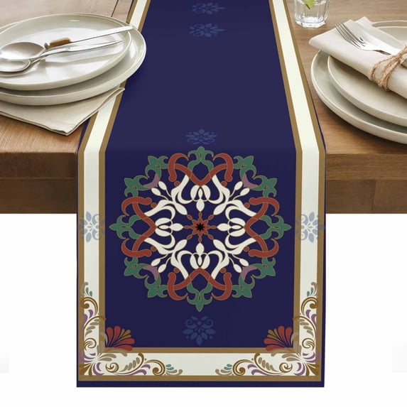 Blue Vintage Floral Cotton Linen Table Runner Country Exotic Mystical ...