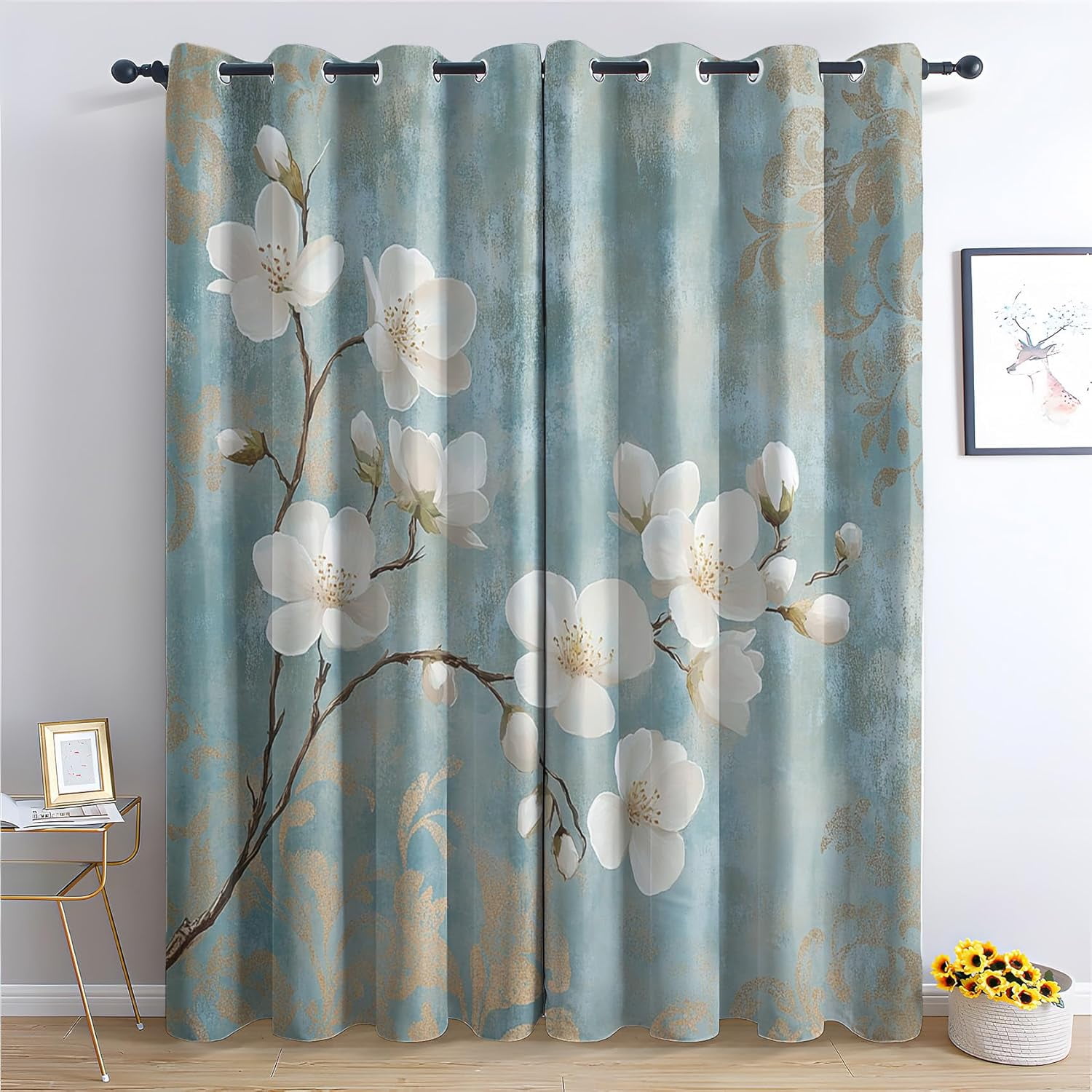 Blue Vintage Floral Curtains For Bedroom, White Flower Curtain For ...