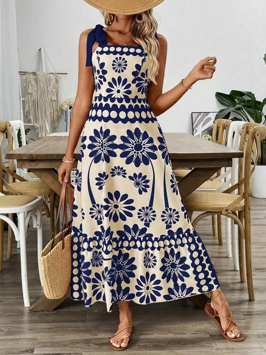 Blue Vintage Floral Print Tie-Shoulder Cut-Out Waist Maxi Dress For ...