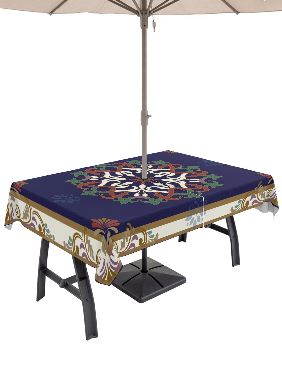 Blue Vintage Floral Rectangle Outdoor Tablecloth with Umbrella Hole ...