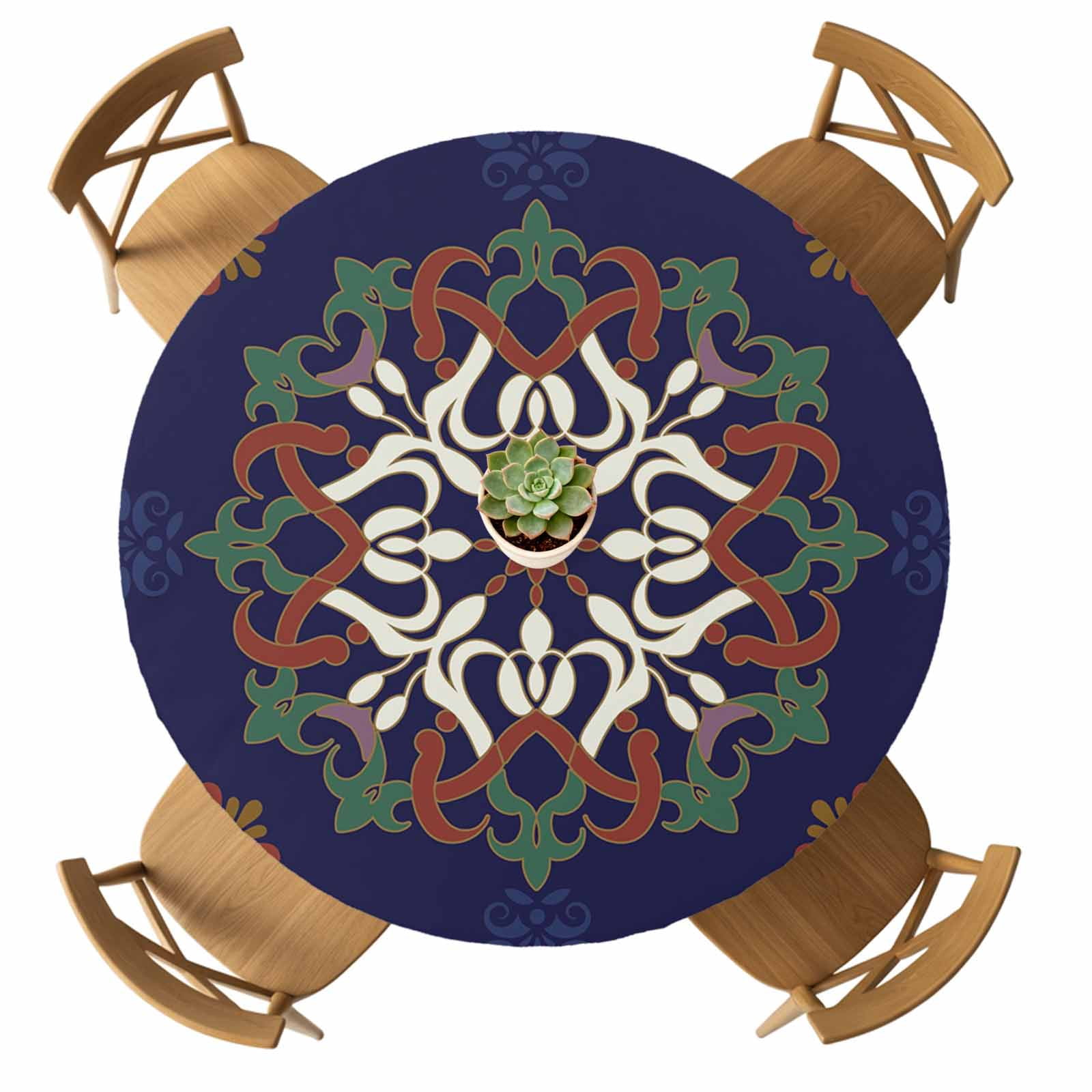 Blue Vintage Floral Round Table Cover, Country Exotic Mystical Abstract ...