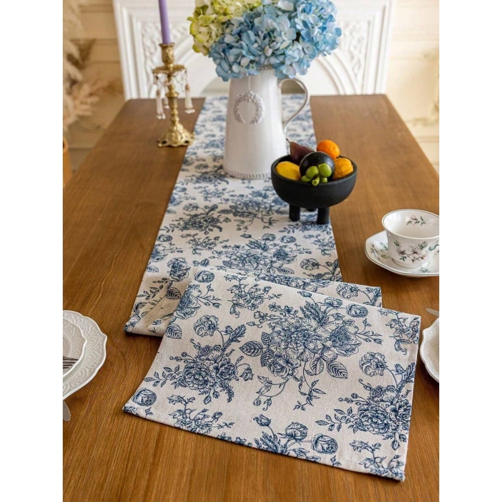 Blue Vintage Floral Table Runner With Matching Placemats, Washable ...