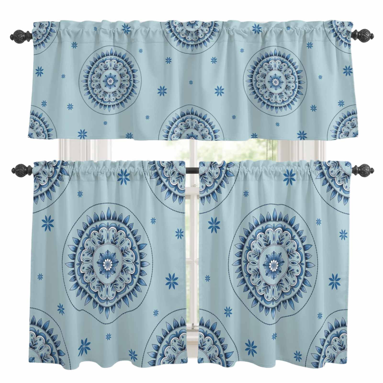 Blue Vintage Flower Kitchen Curtains Valances and Tiers Set of 3 ...