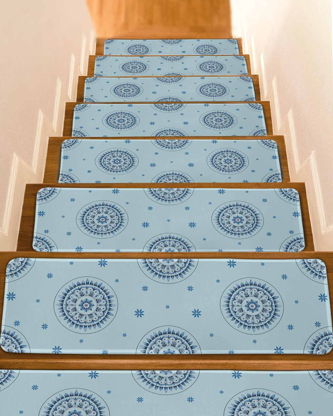 Blue Vintage Flower Stair Treads Non Slip for Steps Country Tribal ...