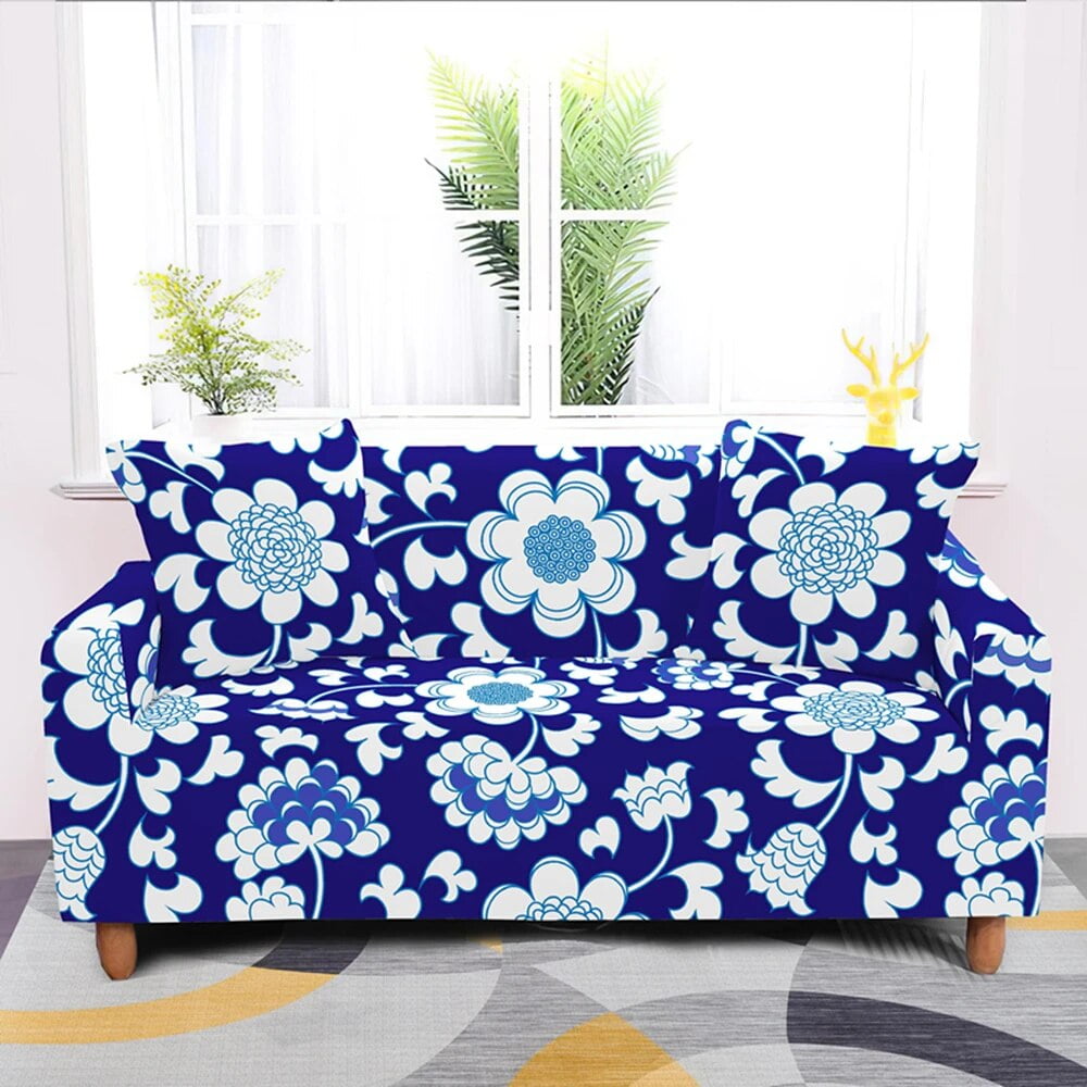 Blue Vintage Flowers Elastic Sofa Covers Washable Couch Cover For ...
