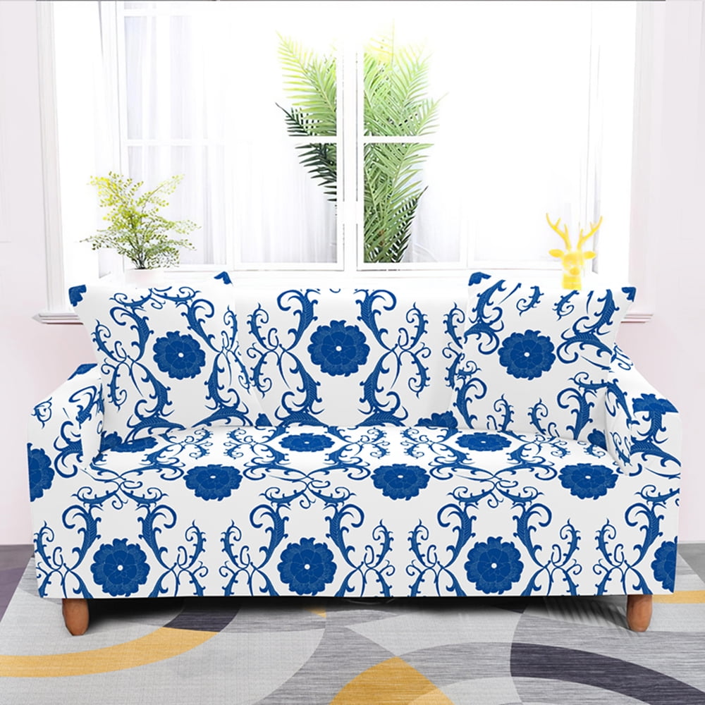 Blue Vintage Flowers Elastic Sofa Covers Washable Couch Cover For ...