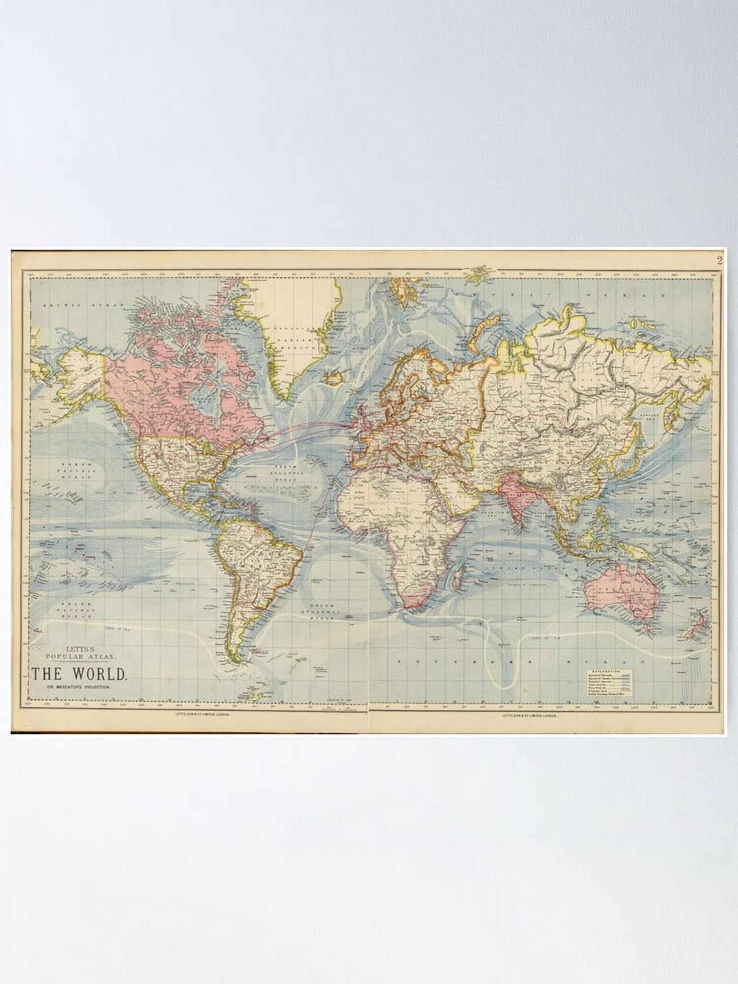 Blue Vintage Historical World Map Beige Pastel Colours, Boho Map Poster ...