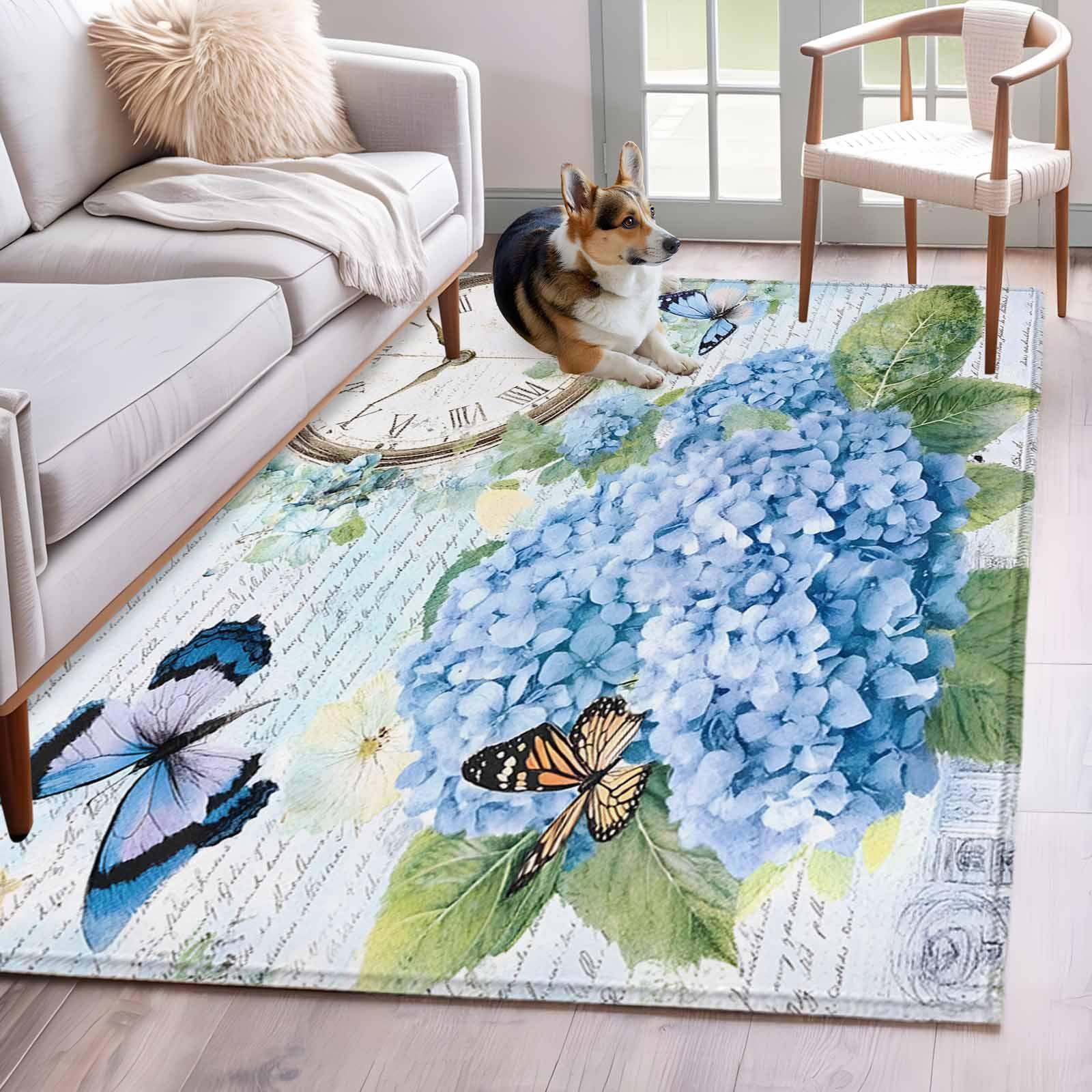 Blue Vintage Hydrangea Area Rug 3x5 FT, Non Slip Entryway Bedside ...