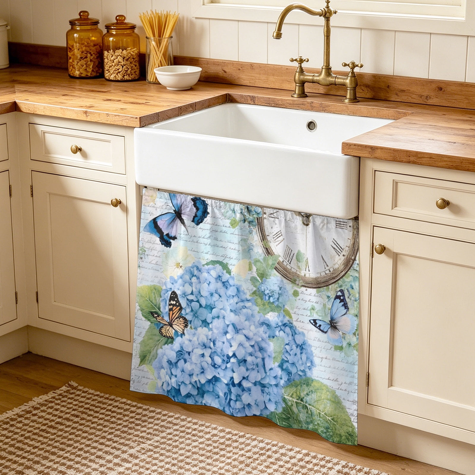 Blue Vintage Hydrangea Cabinet Curtains 35"W x 35"L, Spring Rustic ...