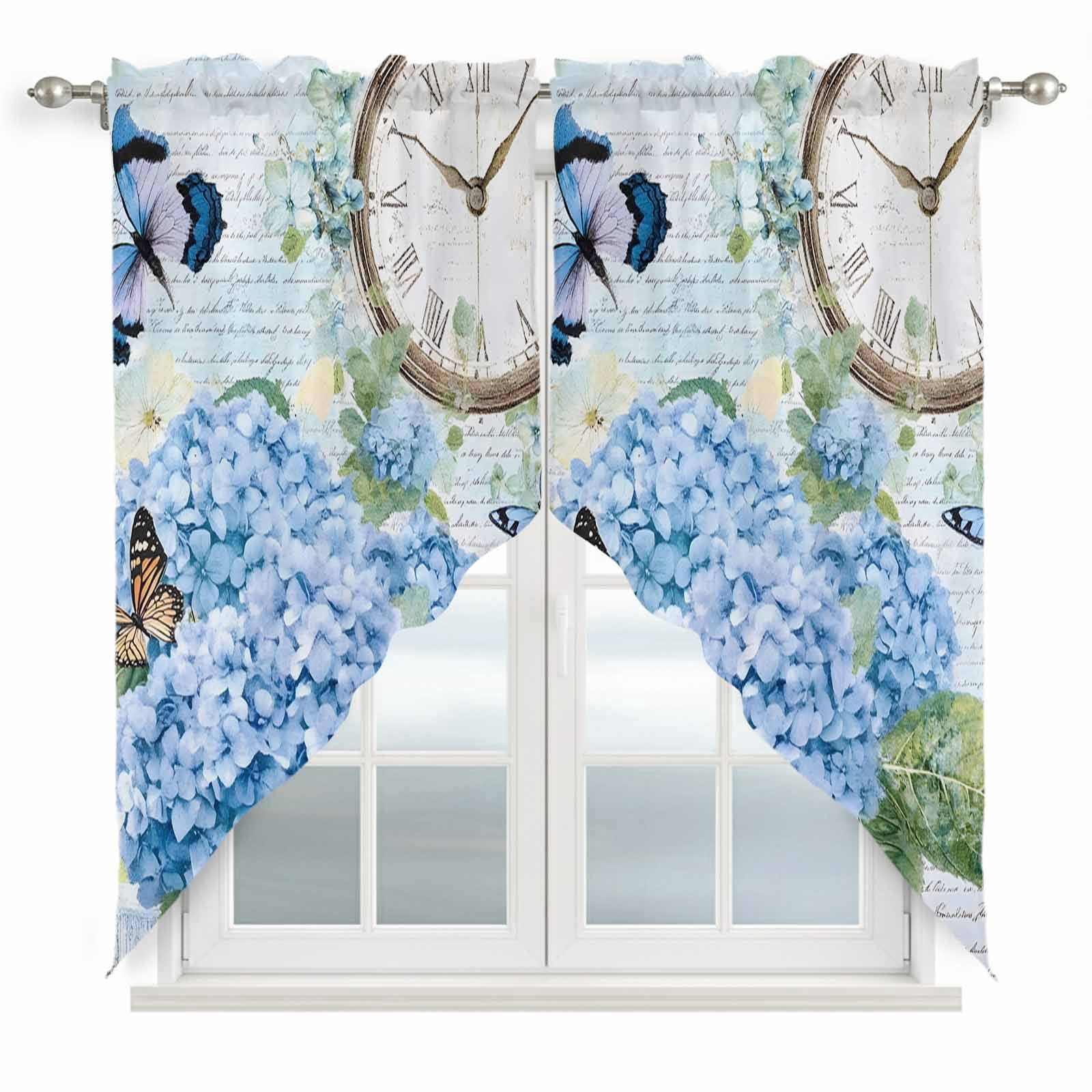 Blue Vintage Hydrangea Kitchen Window Curtains, Swag Curtains Valance ...