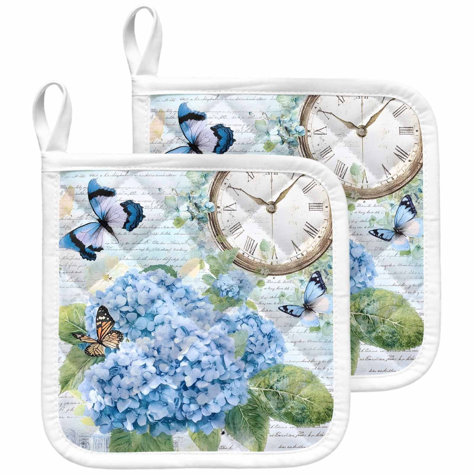 Blue Vintage Hydrangea Pot Holders for Kitchen Heatproof Potholder, 2 ...