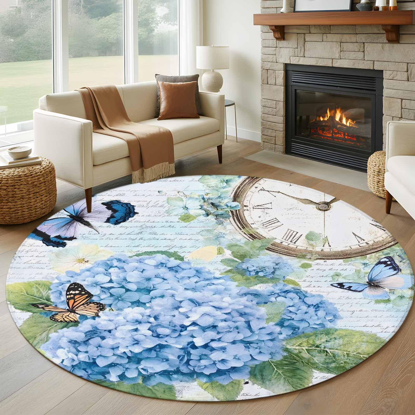 Blue Vintage Hydrangea Round Area Rug 5 FT, Non Slip Bedroom Rugs ...