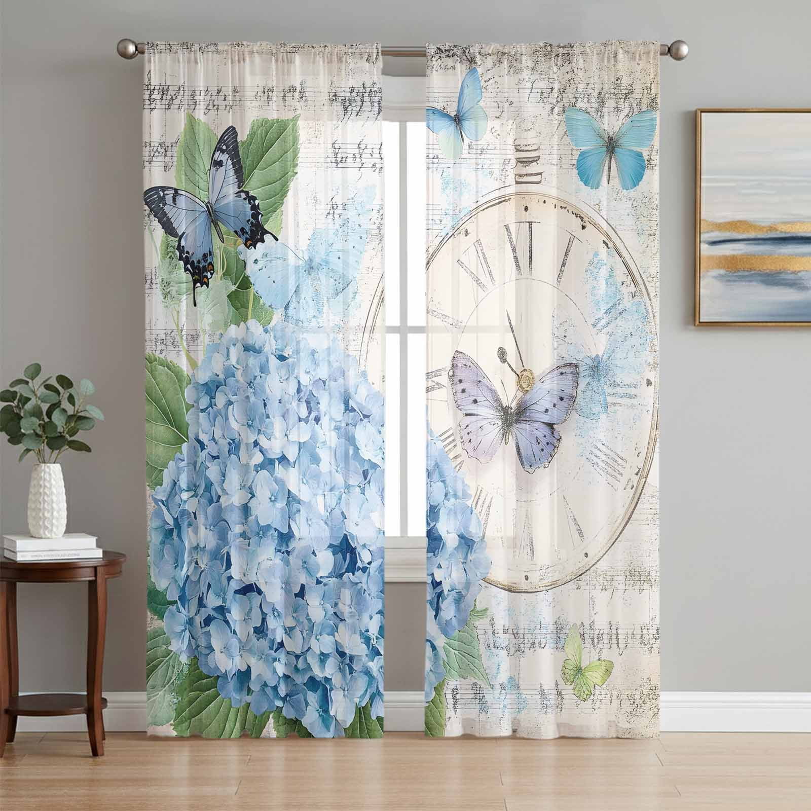 Blue Vintage Hydrangea Sheer Curtains 72 Inch Length 2 Panels Set ...