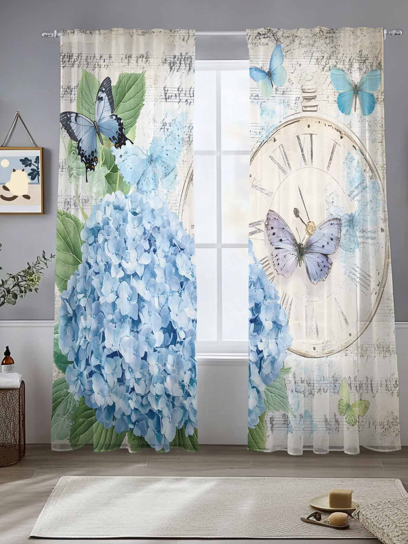 Blue Vintage Hydrangea Sheer Curtains for Living Room Bedroom Spring ...