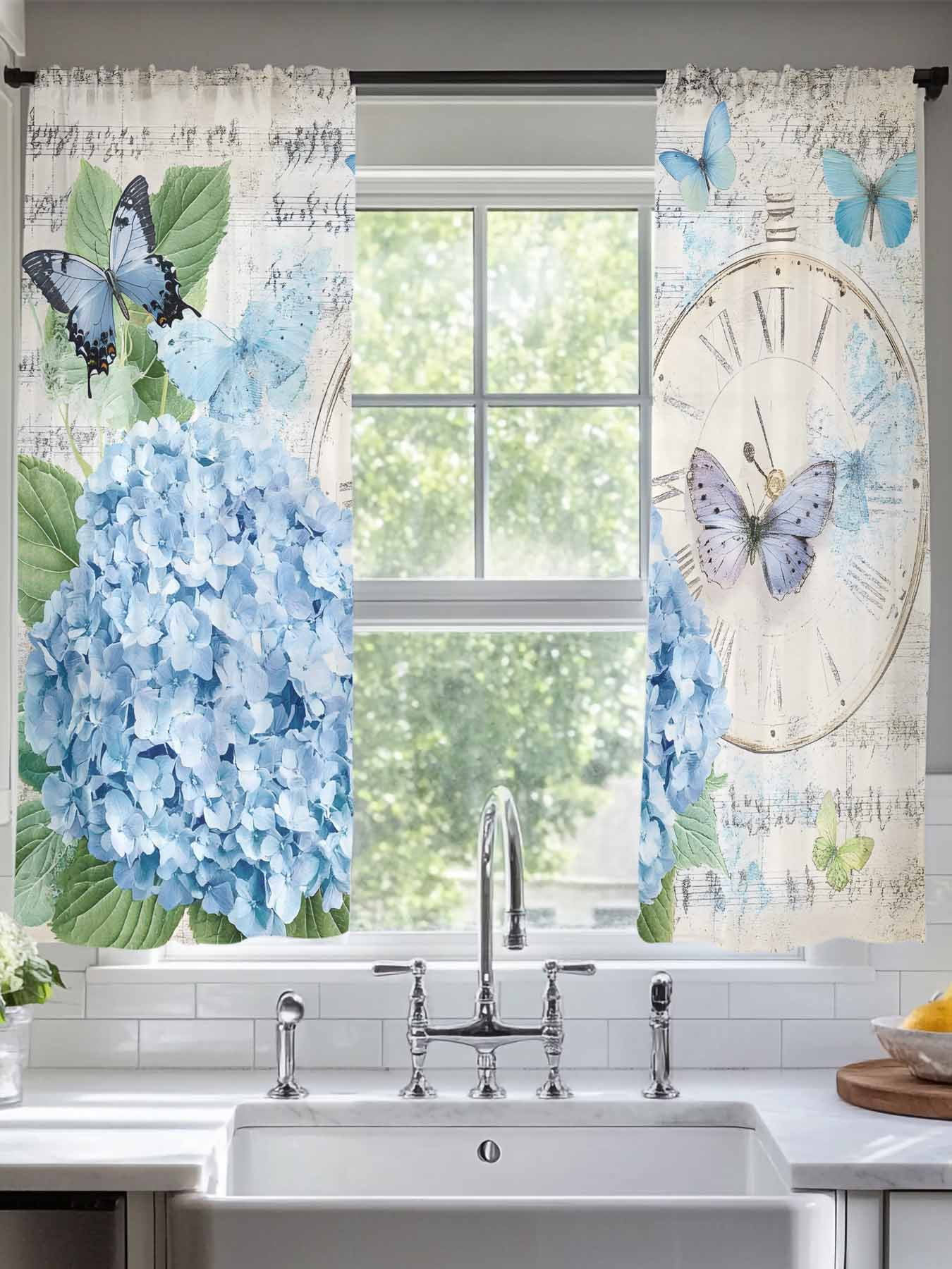 Blue Vintage Hydrangea Sheer Curtains for Living Room Bedroom Spring ...