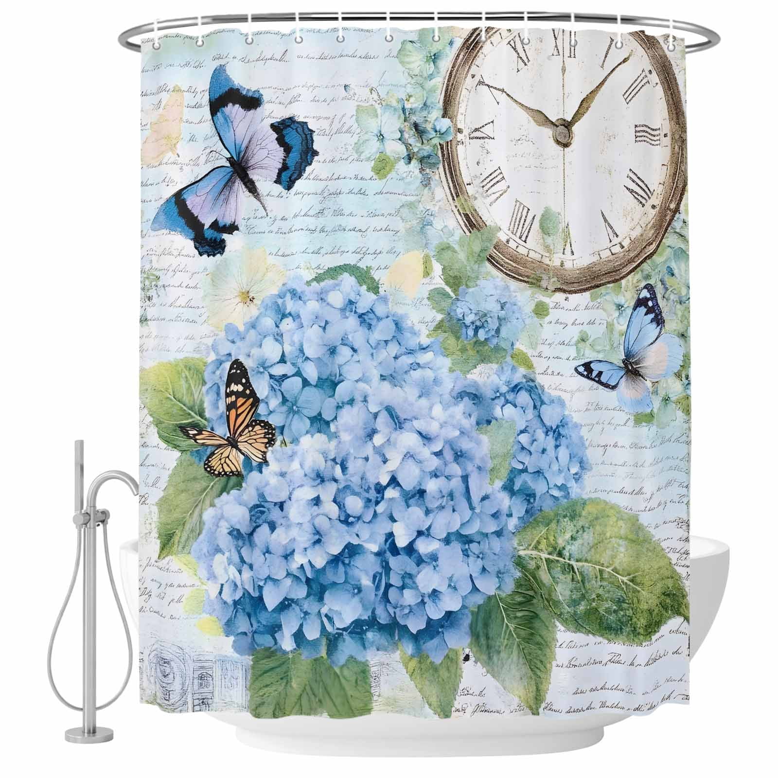 Blue Vintage Hydrangea Shower Curtain Set - 48" x 72" Washable Bathtub ...
