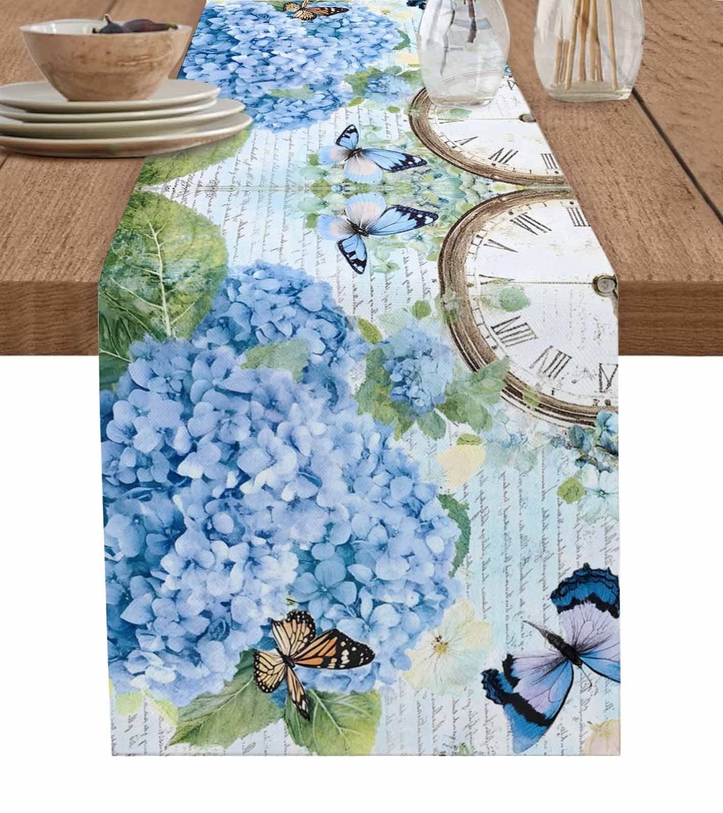 Blue Vintage Hydrangea Table Runner 120 Inches, Spring Rustic Clock Butterfly Bed Runner Dresser ...