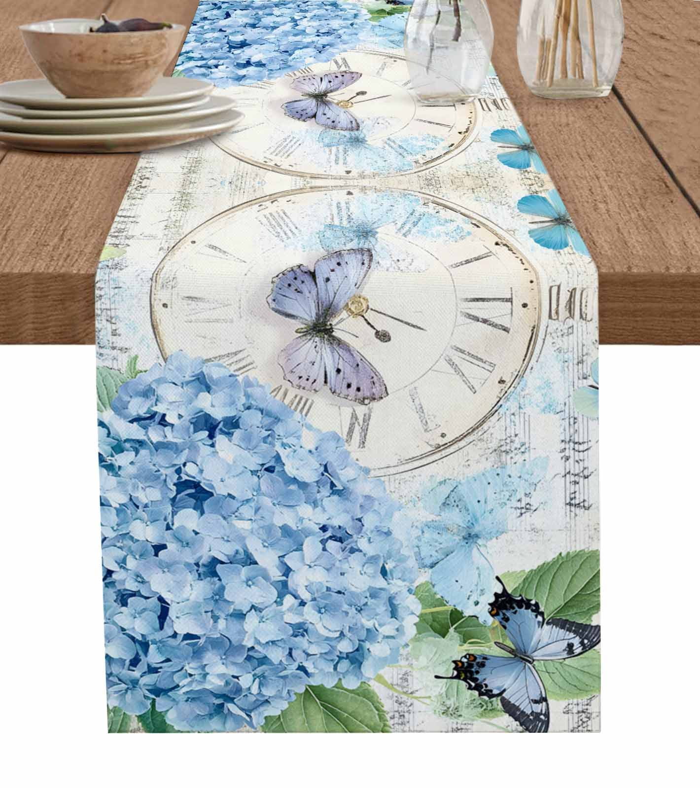 Blue Vintage Hydrangea Table Runner 72 Inches, Spring Retro Clock ...
