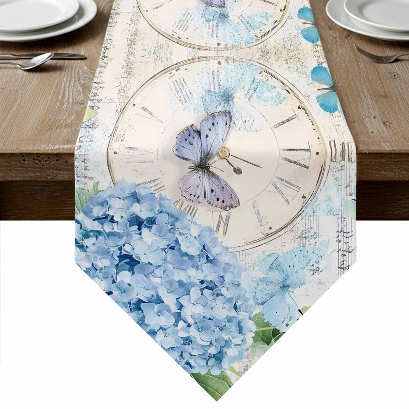 Blue Vintage Hydrangea Table Runner Linen Burlap Table Runner 48 Inches ...